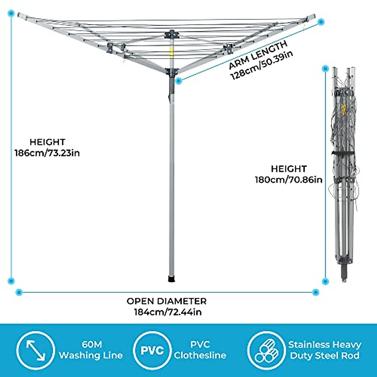 Bizvalue Collapsible 4-arm Rotary Outdoor Umbrella Drying Rack Clothes Dryer Clothesline with 131ft Drying Space