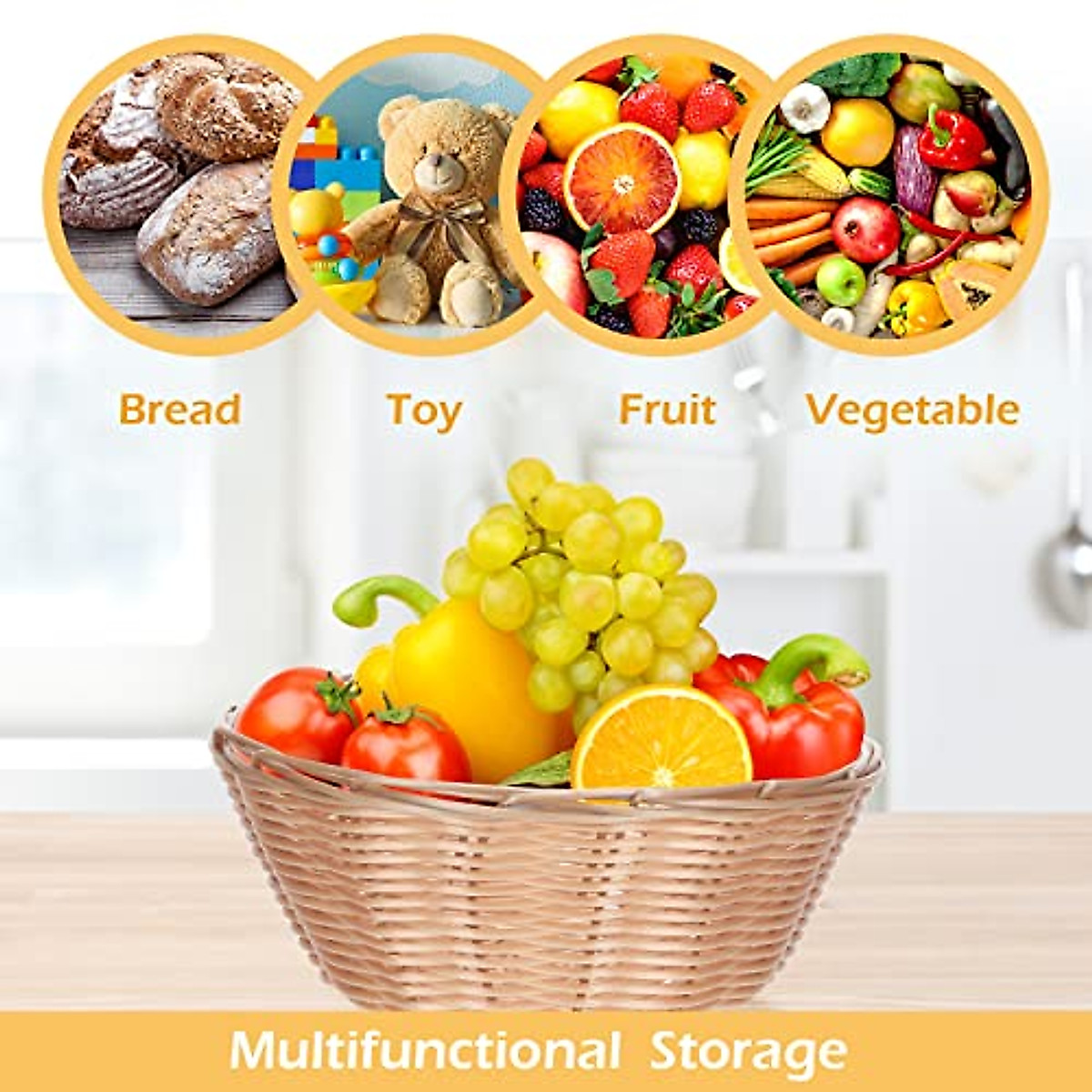 12 Pcs Woven Bread Baskets Bulk 7 Inch Plastic Round Basket Woven Small Baskets for Gifts Empty Bread Serving Baskets for Food Fruit Easter Kitchen Restaurant Centerpiece Display Christmas Vegetables