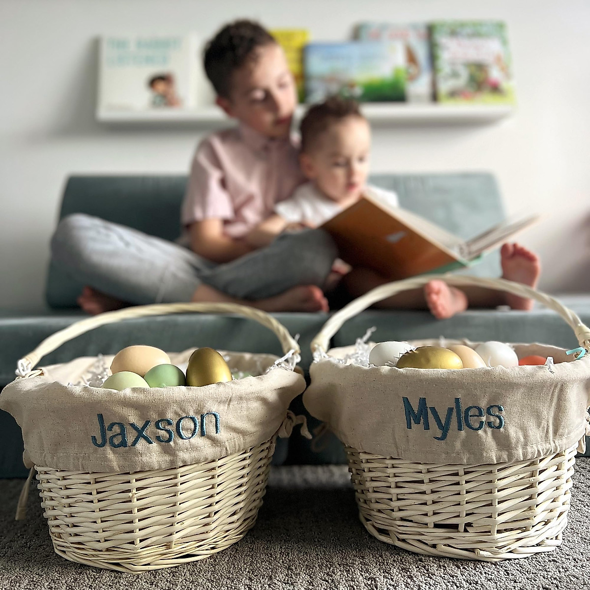 Personalization Universe Personalized Hand-Woven Willow Easter Basket with Folding Handle - First Easter, Egg Hunt, Vintage-Inspired Design, Embroidered with Any Name - Light Pink