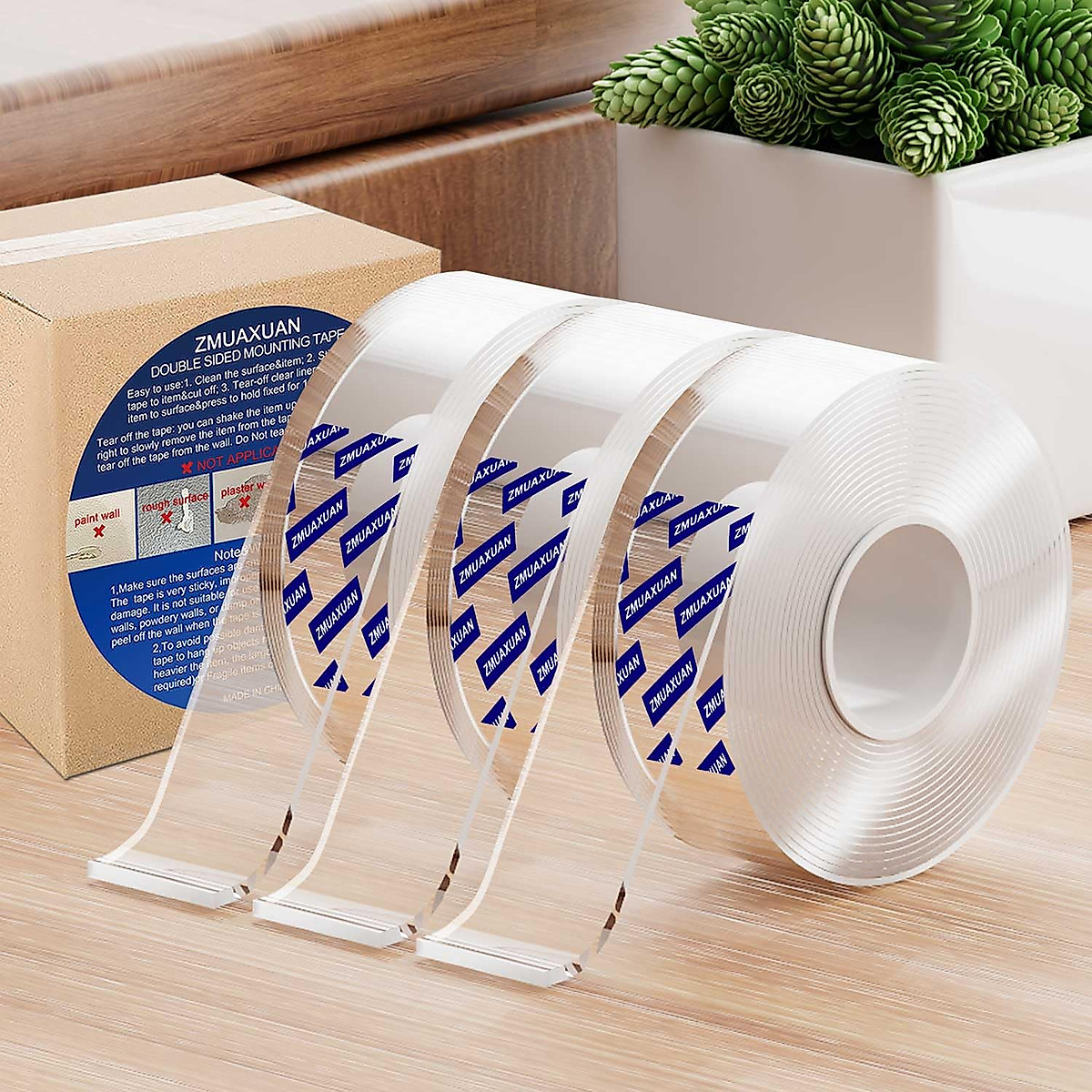 ZMUAXUAN Clear Double Sided Adhesive Mounting Tape Heavy Duty Removable,Strong Picture Hanging Strips Wall Hangers,Sticky Tack Gel Putty Glue for Poster,Photo,Mirror,Carpet(9.85 Ft-3 Pack)