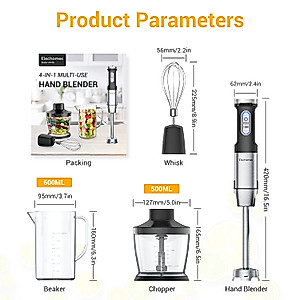 Immersion Blender, Elechomes Hand Blender, 800W Multi-Speed Handheld Blender with Stainless Steel, with 500ML Chopper, 800ML Beaker, Whisk for Smoothie, Baby Food, Sauces, Puree and Soup