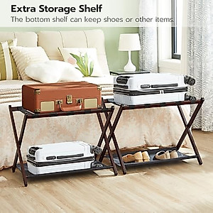 HOOBRO Luggage Rack, Folding Bamboo Suitcase Stand with Storage Shelf and Nylon Straps, 26.8" L x 17.7" W x 20" H, for Guest Room, Hotel, Bedroom, Holds up to 110 lb, Brown and Black BR07XL01