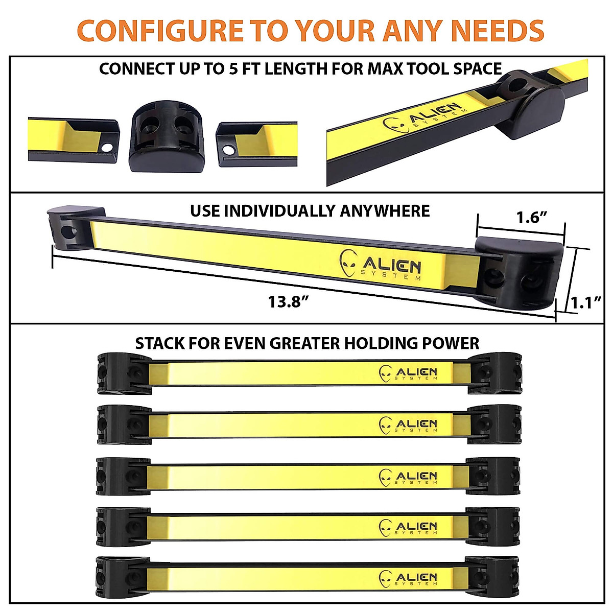 ALIEN SYSTEM Magnetic tool holder strip 5 Pack (60" total) - Tough PVC Sticker coated Magnet strip for tools - Get your tools organized