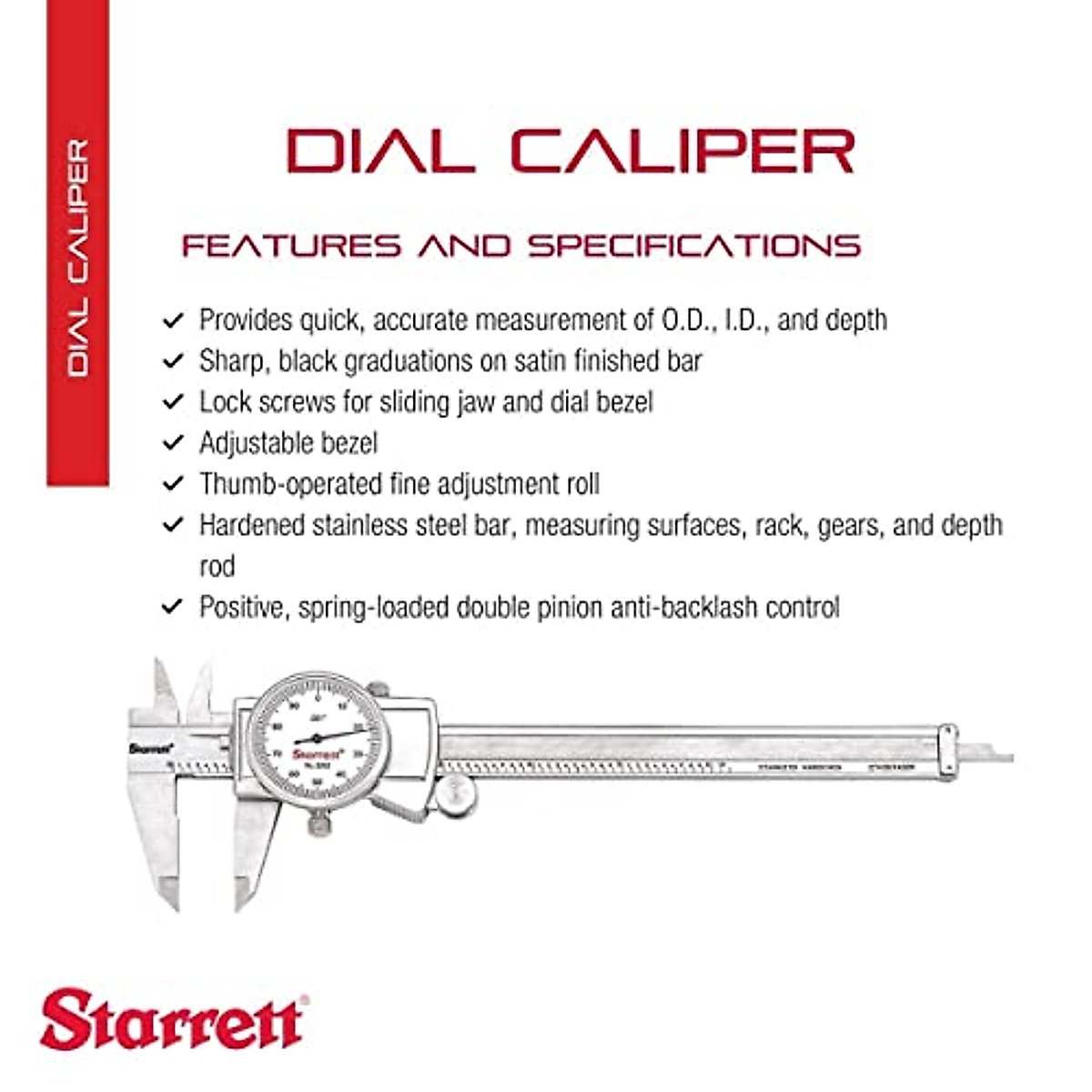Starrett Dial Caliper with Adjustable Bezel and Fitted Case - White Face, 0-6" Range, -0.001" Accuracy, 001" Graduations - 3202-6