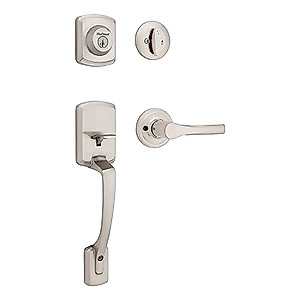 Kwikset Henley Front Entry Door Handleset and Deadbolt with Interior Reversible Lever, Featuring SmartKey Re-Key Security Technology with Microban Protection in Satin Nickel