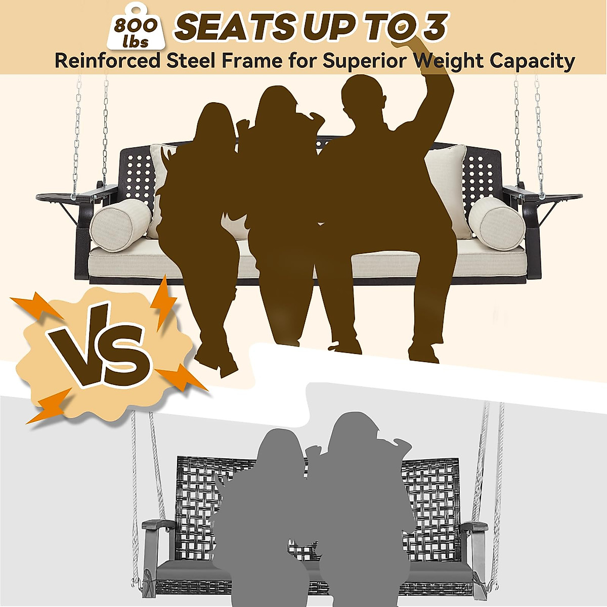 Yalissey 3 Seat Hanging Porch Swing, Patio Swing Bench with Tea Trays & 3 Back Cushions, Swing Chair with Chains for Deck Garden Backyard (Beige)