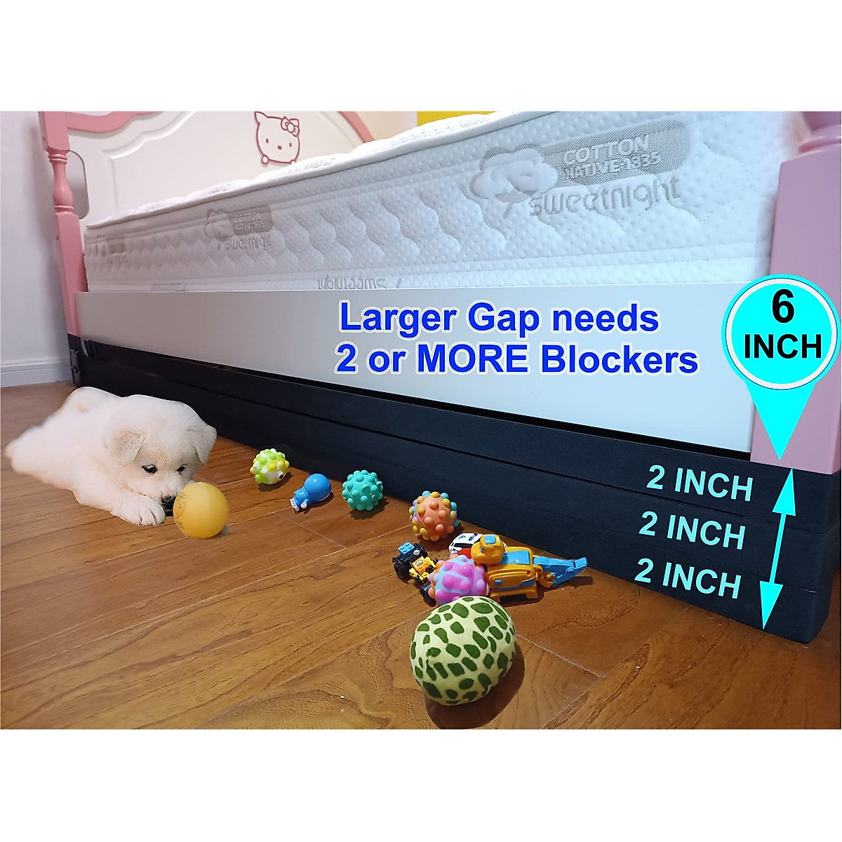2 Pack Toy Blocker for Under Couch, Under Bed Blocker for Pets, Stop Toys from Going Under Sofa or Furniture, Adjustable Elastic Gap Bumper Stopper Guards for Bed Underneath (12Ft by 2 inch, 2pcs)