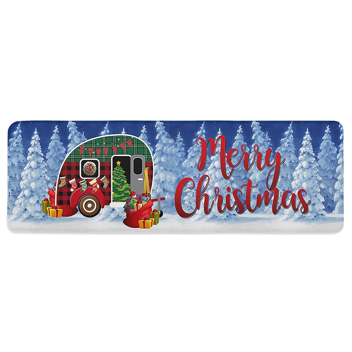 Libaoge Kitchen Mat Rug 1 PCS Merry Christmas Tree Gift Red and Green Camper in Snow Runner Rug Anti-Fatigue Comfort Memory Foam Standing Mat Non-Slip Floor Door Mat for Bathroom Bedroom 20x63in