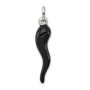 Sterling Silver Black Enamel Italian Horn Pendant 33mm 7mm style QC6095