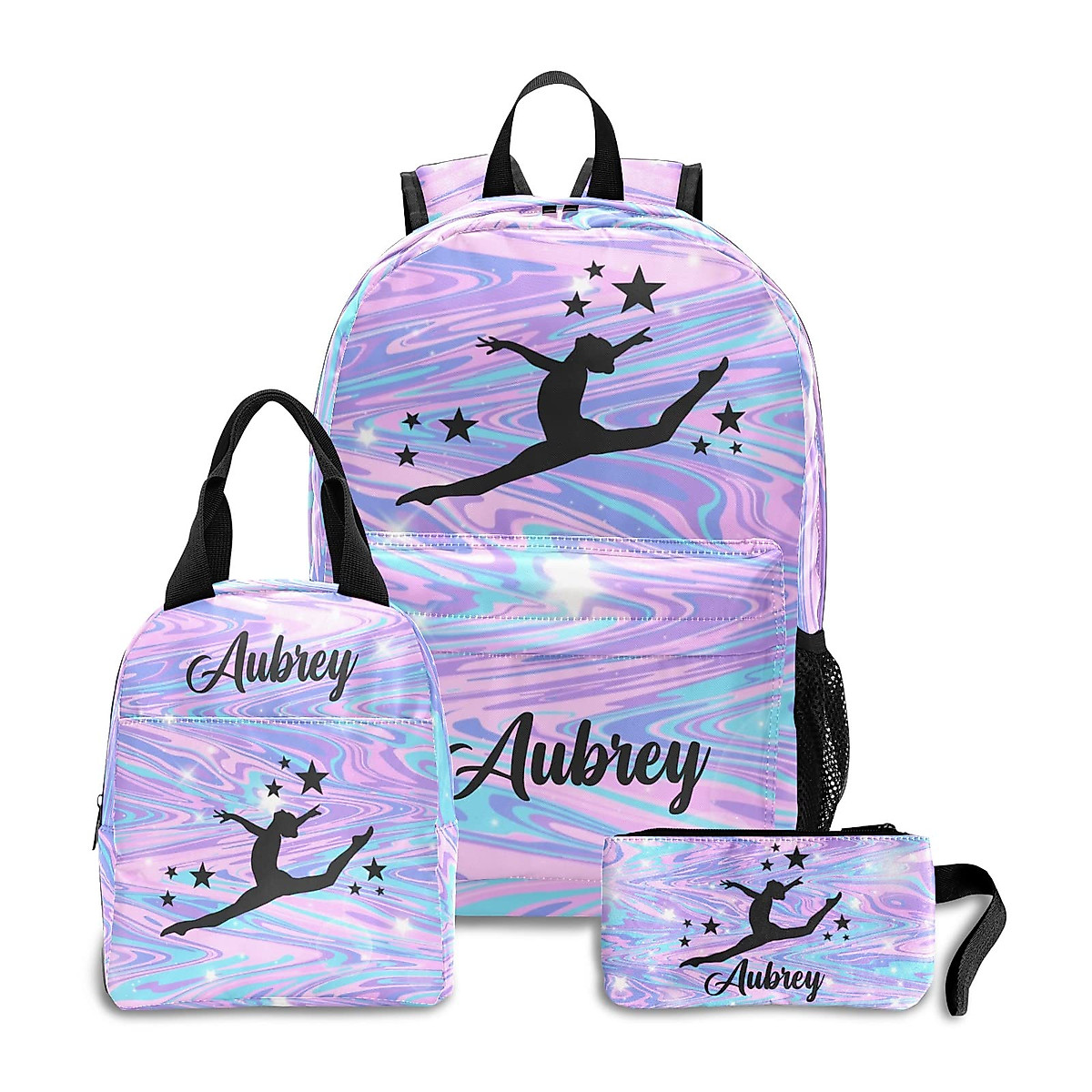 Gymnastic Marble Unicorn Abstract Personalized Backpack Set for Teen Boys Girls with Lunch Box & Pencil Pouch Bag Travel Backpack