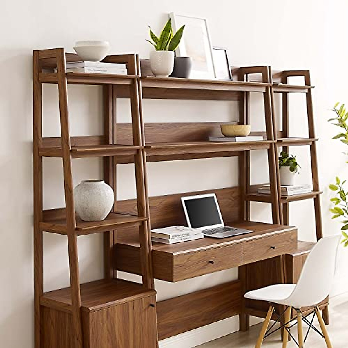 Modway Bixby 3-Piece Home Office Desk and Bookshelf Display Case in Walnut