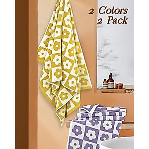 Jacquotha Bath Towels Checkered Floral 55” x 28” - Decorative Bathroom Towels for Indoor Outdoor Gift, 440 GSM Soft Quick Dry Towel for Bathroom Gym Spa Swim (Yellow & Lilac)