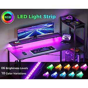ODK Reversible Gaming Desk with USB Charging Port and LED Lights, 40 Inch Computer Desk with Storage Shelves & Monitor Stand, Study Table for Home Office, Small Space Bedroom, Carbon Fiber Black