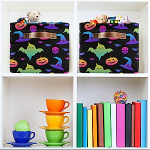 Foldable Storage Basket, Cube Organizer Bins Pumpkin Skull Spider Witch Rainbow Halloween Cube Bag Dual Handles for Closet Shelf