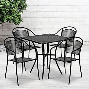 Flash Furniture Oia Commercial Grade 28" Square Black Indoor-Outdoor Steel Patio Table Set with 4 Round Back Chairs