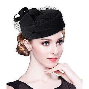 Z&X British Vintage Wool Felt Pillbox Hat Ladies Church Derby Winter Fascinator Hat Veil Flower Fedoras Black