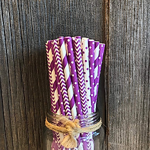 Purple Paper Straws - Stripe Chevron Polka Dot - 7.75 Inches - 100 Pack - Outside the Box Papers Brand