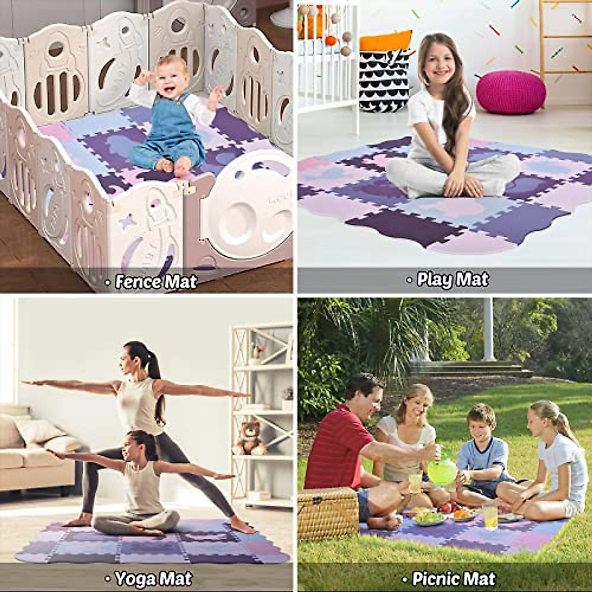 FUN LITTLE TOYS 25 PCS Baby Foam Play Mat, Interlocking Tiles Playmat with Fence Large 45x45 Thick 0.47 inch Purple Animals Puzzle Floor Mat for Kids Babies Toddlers Infants Crawling Room Decor