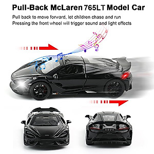 Diecast Toy Car McLaren 765LT Sports Car Model,Zinc Alloy Simulation Casting Pull Back Vehicles,1:32 Scale Mini Supercar Toys with Lights and Music for Toddlers Kids Children Gift (765LT-Black)