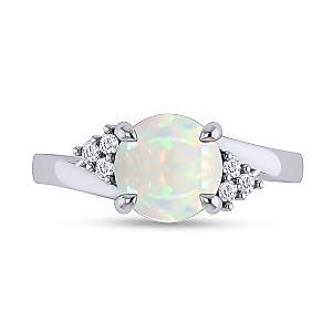 GEMVIO Collection 3/4 CT 6MM Round Natural White Opal Gemstone & Diamond Accent Solitaire Rings in 14K White Gold Over Sterling Silver Engagement Promise Ring For Womens (0.75Cttw)-6