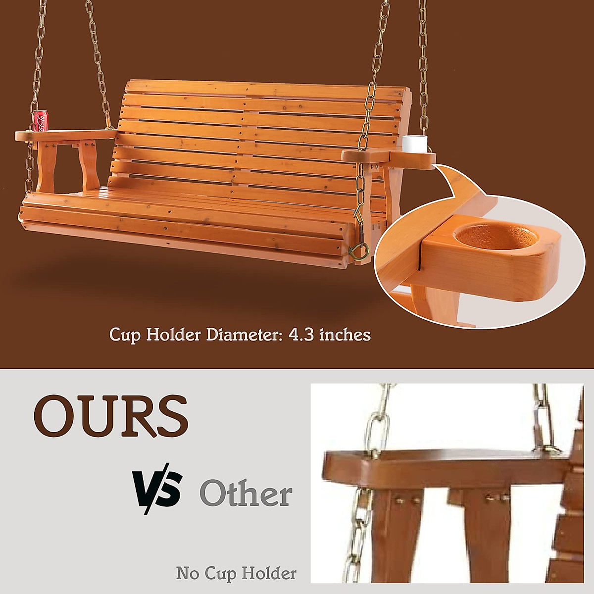 Porch Wooden Swings with Chain - Outdoor Finished Hanging Bench Swing Chair Furniture 2 Seater, Natural for Garden, Courtyard, Patio