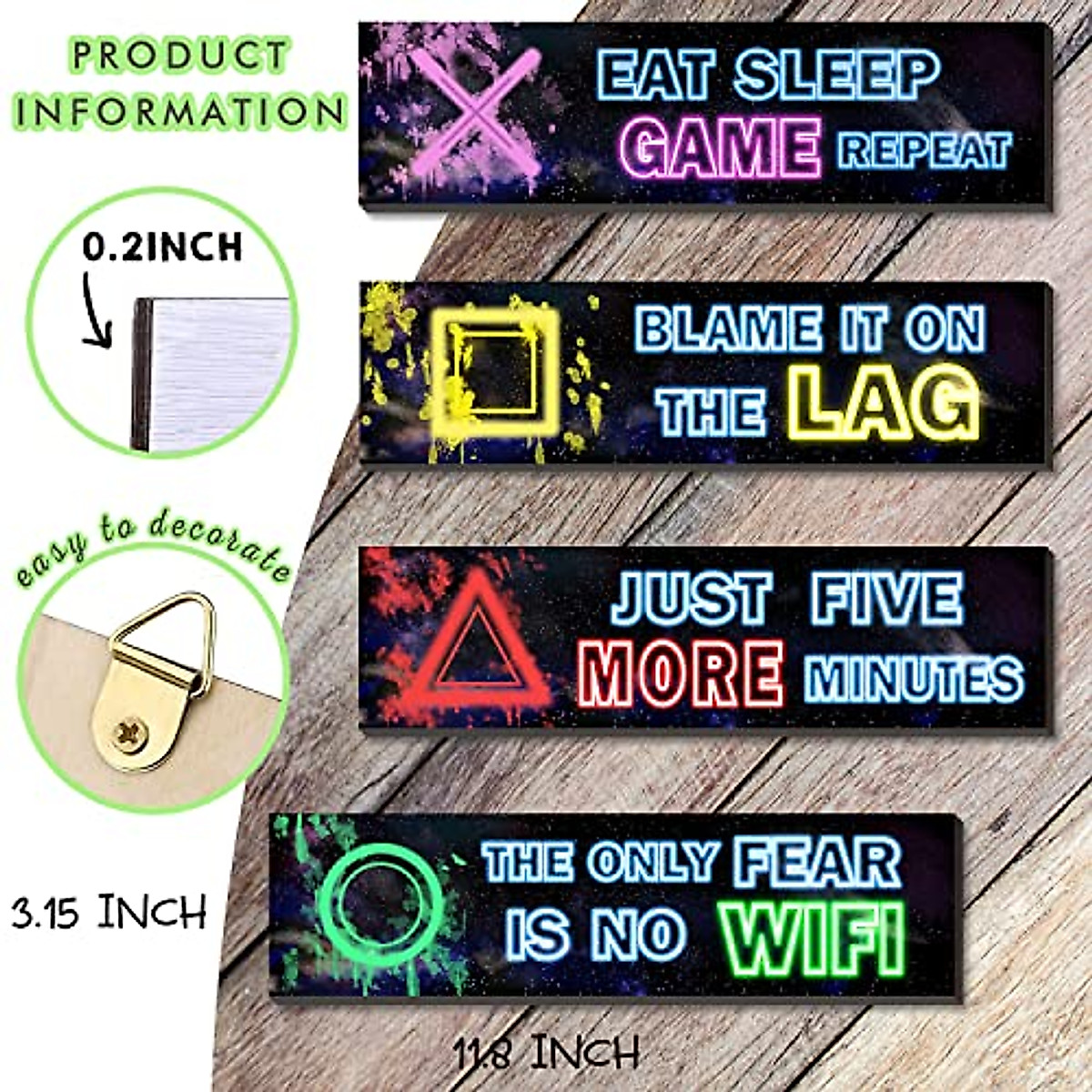 Video Game Decor Set of 4 - Neon Gaming Theme, Gamer Room Decor for Kids, Boys, Neon Gaming Wall Decor for Playroom and Game Room