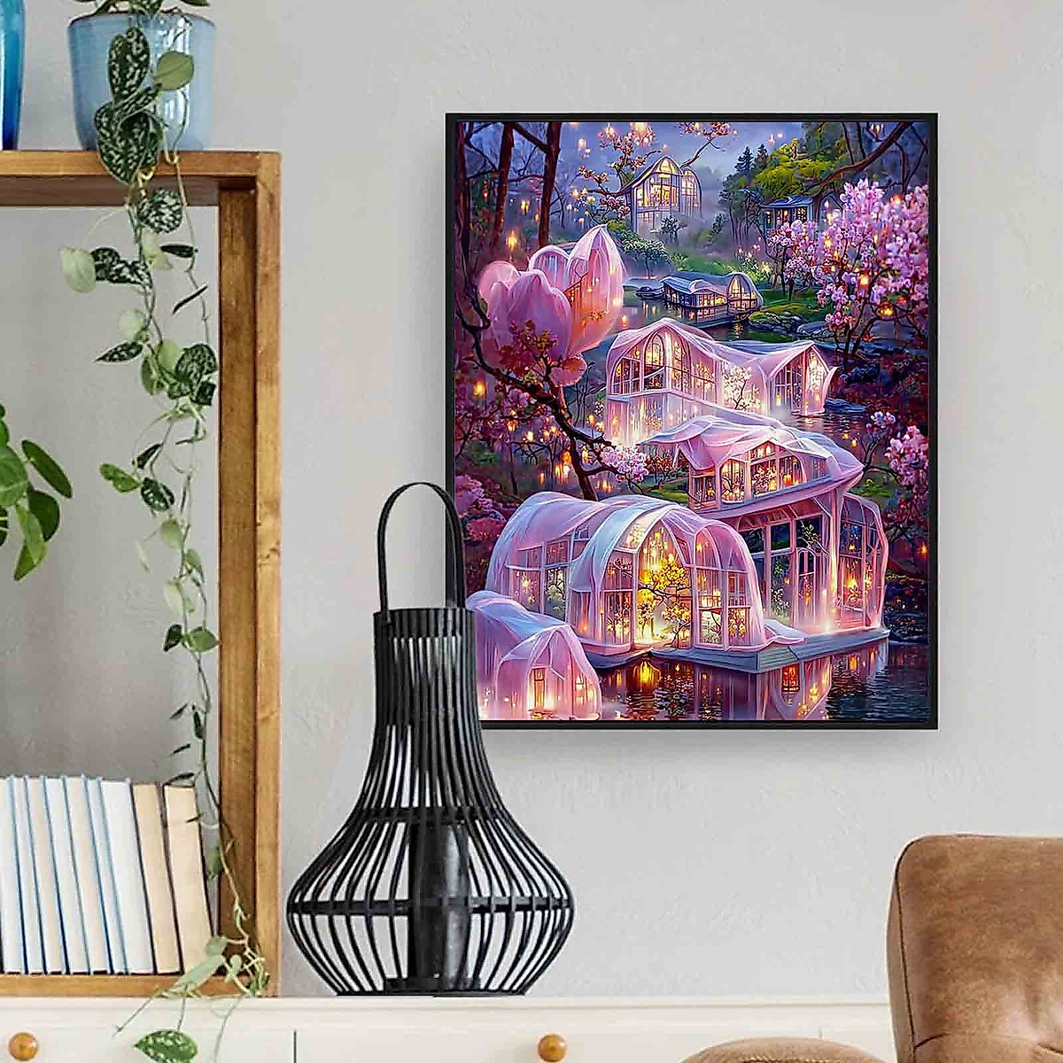 1tonine DIY Diamond Painting Kits for Adults - Flower Pink House Dream Scenery (Canvas) Full Round Drill Diamond Art Kits for Beginnners - Valentines Day Gifts Wall Room Decor (12x16inch/30×40cm)