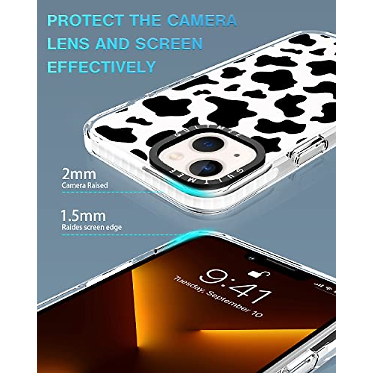 GULTMEE [3 in 1 Designed for iPhone 13 Case Cow Print with Built-in Bumper Shockproof Protective Phone Case Cover for iPhone 13 Cases 6.1" Tempered Glass Screen Protector + Camera Lens Protector