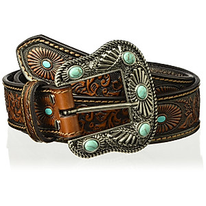 Nocona Belt Co. Women's Scroll Embossed Painted Turquoise Oval Belt, Brown, Medium