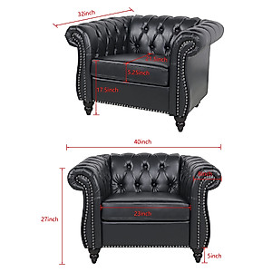 FOKWE Chesterfield Chair Leather, Upholstered Single Sofa Chair, Accent Comfy Club Armchair with Rolled Arms and Nailhead for Living Room, Bedroom (Black)