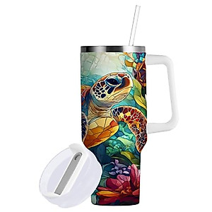 Slewiaeky Tumbler with Handle 40 oz Lovely Tortoise Turtle Travel Mug with Lid and Straw Ocean Stainless Steel Vacuum Insulated Water Bottle Cup for Iced Tea Coffee Cold Beverages Cup Holder Friendly