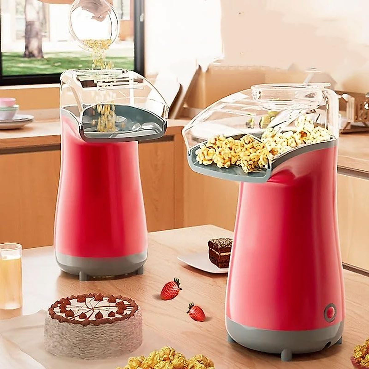 Dzmb quick and easy hot air popcorn machine with measuring cup, oil-free popcorn machine with on/off switch is suitable for family movie night parties. (Red)