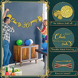 30th Birthday Decorations Banner & Cake Topper and Cupcake Topper Set, Cheers to 30 Years Birthday Party Supplies Gold Glitter Banner with 25 Pcs Cake and Cupcake Decor for Women and Men