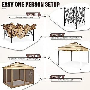 COBIZI Pop Up Gazebo Patio Gazebo Outdoor Gazebo with Mosquito Netting 11x11 Outdoor Canopy Shelter with Double Roof Ventiation 121 Square Feet of Shade for Lawn, Garden, Backyard and Deck, Khaki
