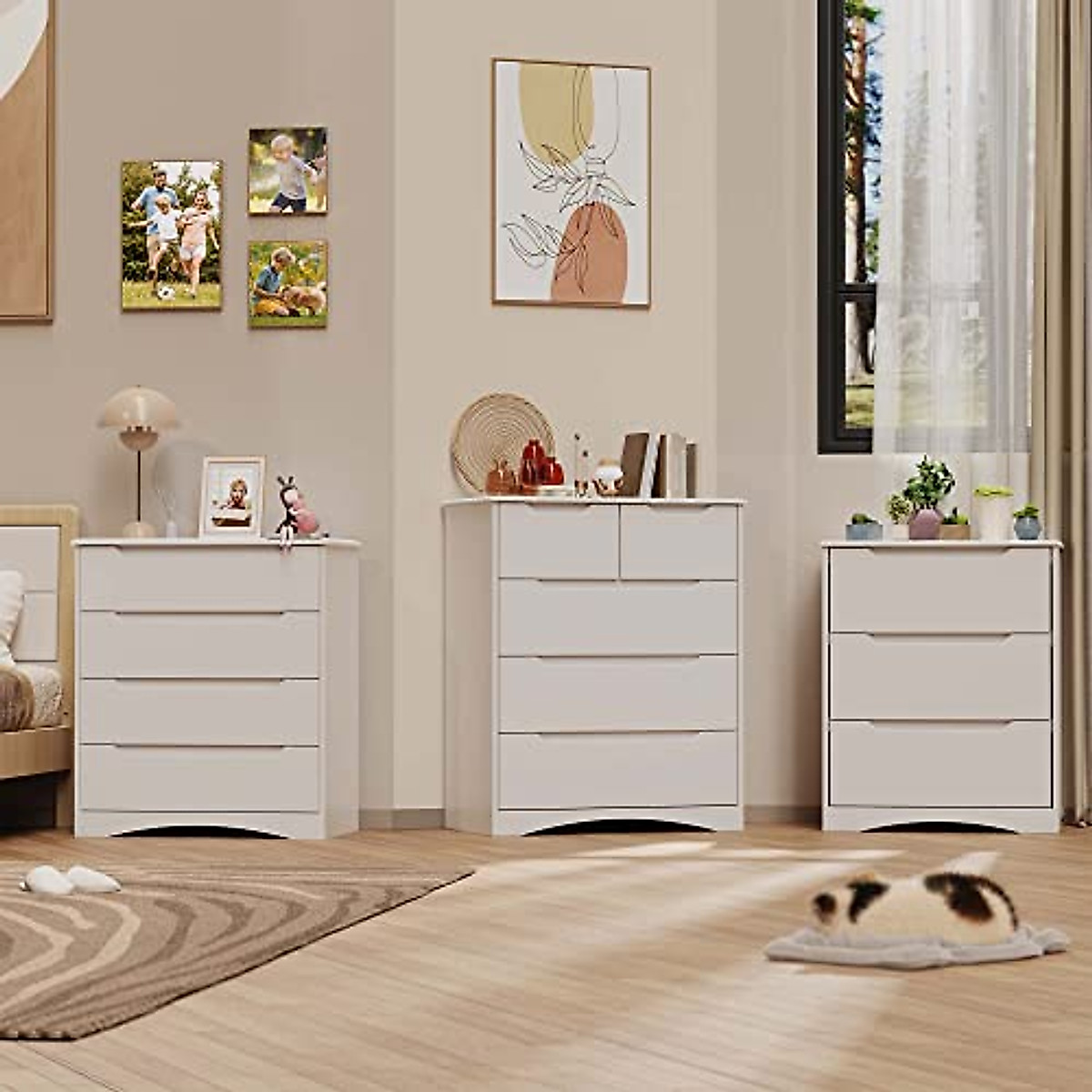 Gizoon 5 Drawers Chest, White Bedroom Drawer Dresser and Organizer with Large Storage Capacity, Embedded Handle, and Sturdy Anti-tripping Device, Modern Design Cabinet for Hallway, Office, Living Room