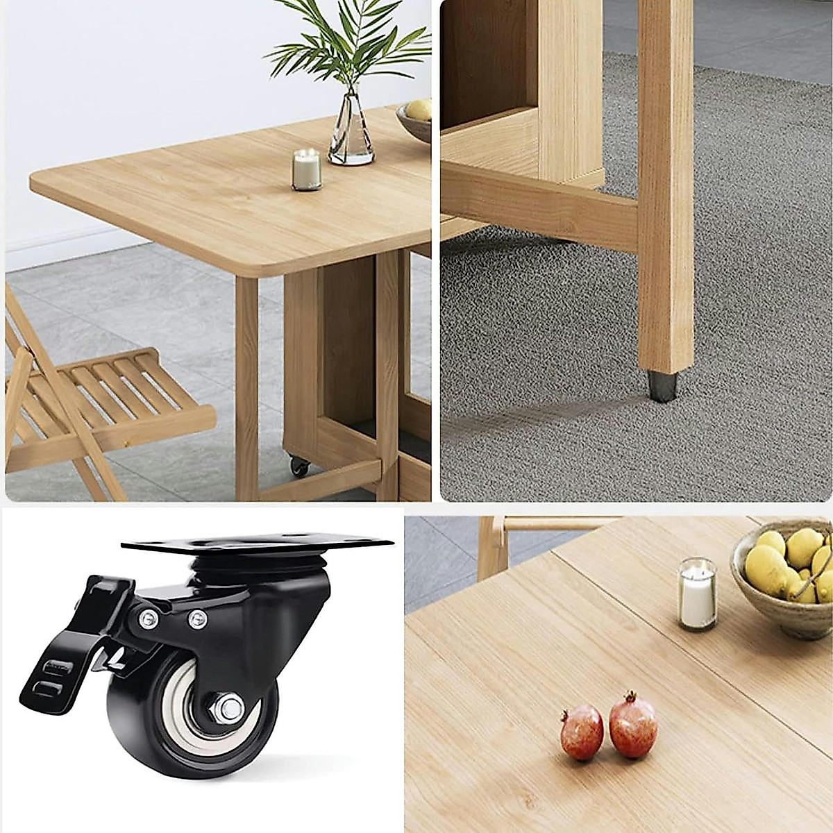 Dining Table Set, Solid Wood Drop Leaf Table, Extendable Moveable Folding Table with Wheels and 4 Chair, Saving Space, Round Edge Design, for Kitchen Dining Room