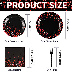 96Pcs Black and Red Party Supplies Red Dot on Black Party Plates and Napkins Disposable 350GSM Black and Red Birthday Tableware Set for Birthday Baby Shower Wedding Decorations, Serves 24