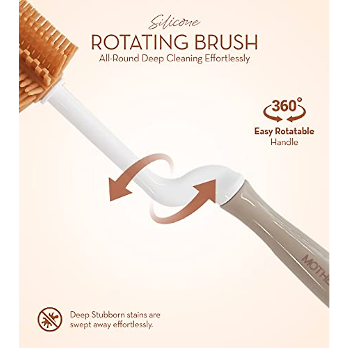 MOTHER-K Rotating Silicone Bottle Brush 2 Kinds of Sets, Silicone Bottle Cleaning Brush Water Bottle Cleaner for Washing Baby Bottles, Sports Bottle, Vase, and Glassware (Brown)