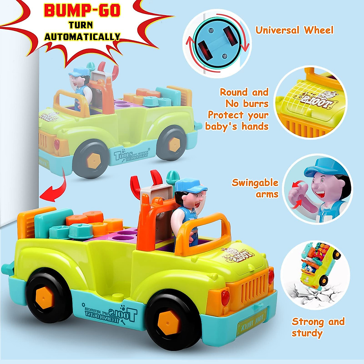 Toys for 3 Year Old Boys Bump & Go Construction Truck Take Apart Car Toys for 3 4 5 6 7 Year Old Boys Girls with Drill Tool,Music/Lights,Early Educational Christmas Birthday Gifts for Kids Age 3-5