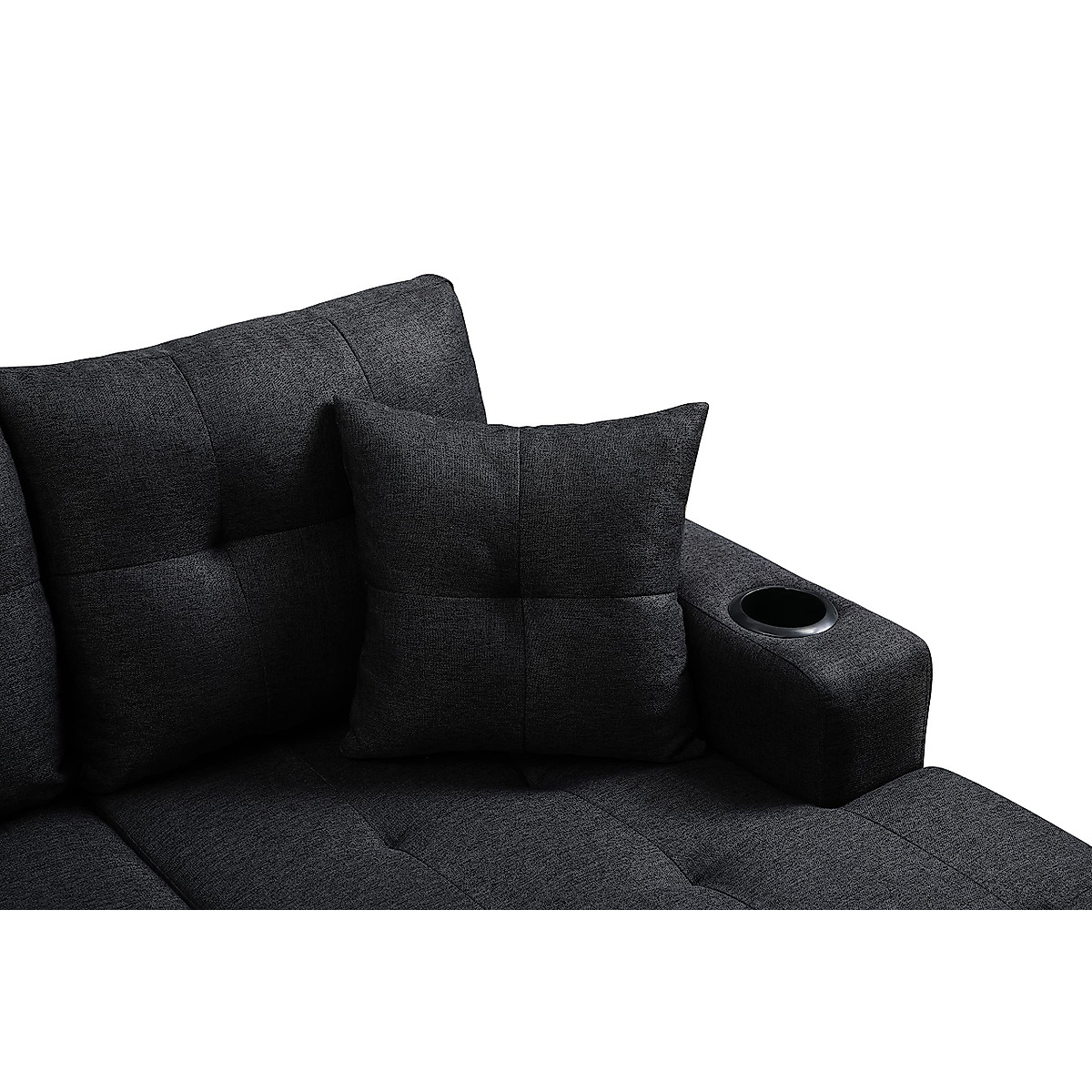 GINGVAT Modern Sectional Sofa for Living Room with Reversible Chaise Lounge Cupholders, L-Shaped Couch with Two Pillows, Black