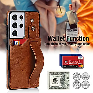 Design for Samsung Galaxy S21 Ultra Phone Case with Screen Protector Adjustable Wrist Strap Kickstand Credit Card Slot Slim Shockproof Hybrid Rugged Protective Cover for Women Girls 6.8 inch Blue