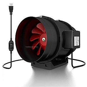 TerraBloom 8 Inch (200 mm) Inline Fan - 735 CFM Exhaust Duct Fan, Built-In Speed Controller, ETL Listed, Pre-Wired 6 FT Grounded Cord - For Use In Grow Tents With Carbon Filters, Fixtures, Attics
