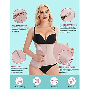 LODAY Waist Trainer Corset for Women Tummy Control Sport Workout Body Shaper Beige (XS, Beige(Zip and Hooks))