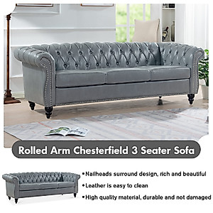 Wlvos 84" Leather Chesterfield Sofas for Living Room, Rolled Arm 3-Seater Large Couch Deep Button Nailhead Tufted Upholstered Couches for Bedroom, Office Apartment Easy to Assemble (Gray)