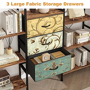 Tohomeor Triple Wide Bookcase with 3 Retro Flower Fabric Storage Drawers 4-Tier Bookshelf with 9 Open Display Shelves Industrial Bookshelf for Bedroom Home Office Living Room