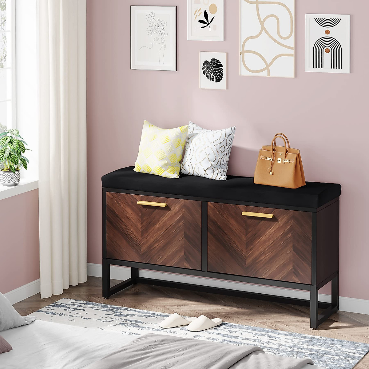 Tribesigns Storage Bench With Seat Cushion, Entryway Shoe Bench With 2 Flip Drawers, Hallway Cabinet, Hidden Organizer for Living Room, Bedroom, Mudroom, Black