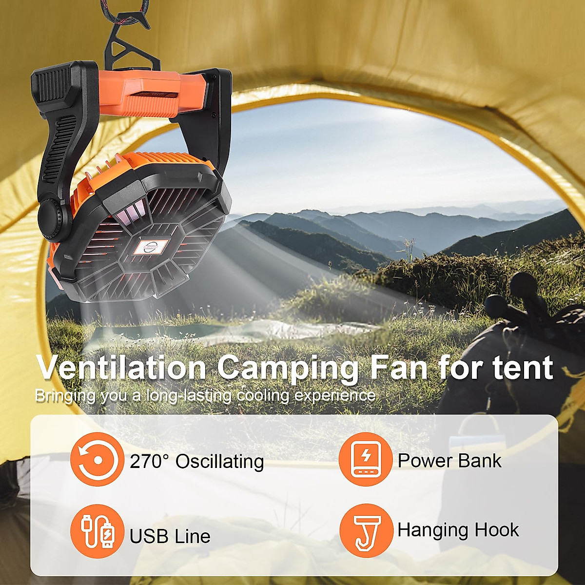 Dkois Solar Fan Camping Fan,Battery Powered Fan Rechargeable Portable Fan with 8W Solar Panel, Solar Powered Fan Camping Fan with Light, Outdoor Tent Fan Camping Essentials