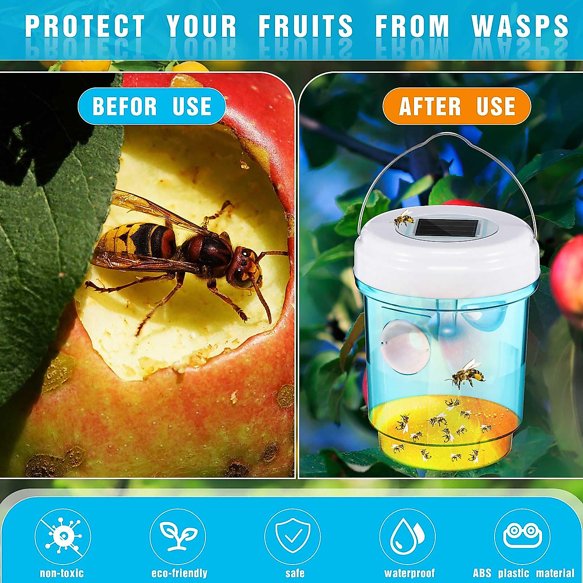 2 Pack Wasp Traps Outdoor Hanging Fly Traps with UV LED Light Solar Powered Hornet Trap Non-Toxic Reusable Hornet Traps Wasp Killer for Indoor Outdoor Patio Garden Home (Blue)