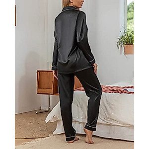 YIMANIE Womens Pajamas Silk Satin Pajama Sets for Women Soft Button Down Womens Loungewear Set with Pockets Black