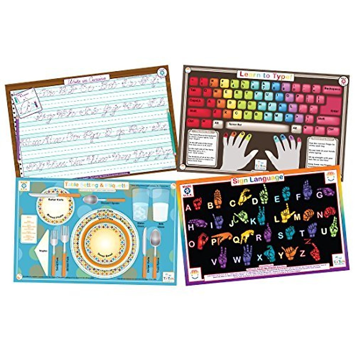 Tot Talk Educational Kids Placemats: Learn to Type, Cursive, Sign Language, Table Setting & Etiquette- Reversible Activities- Waterproof, Washable, Wipeable, Double-Sided Table Mats, Made in The USA
